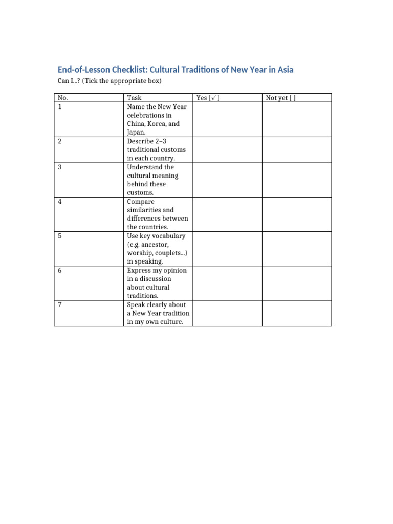 New Year Traditions Checklist | PDF