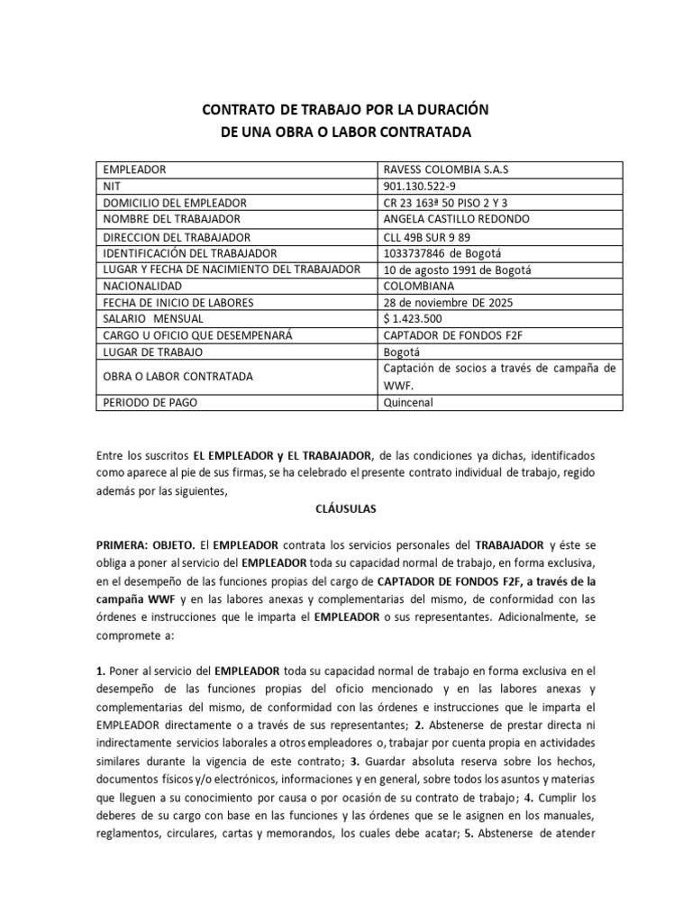 CONTRATO OBRA LABOR F2F - WWF - ANGELA CASTILLO REDONDO (1) | PDF ...