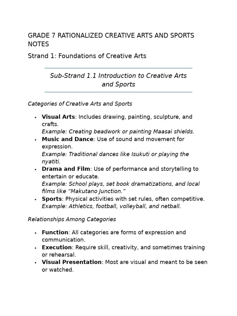 GRADE 7 CAS STRAND 1 FOUNDATION IN CREATIVE ARTS AND SPORTS NOTES | PDF ...