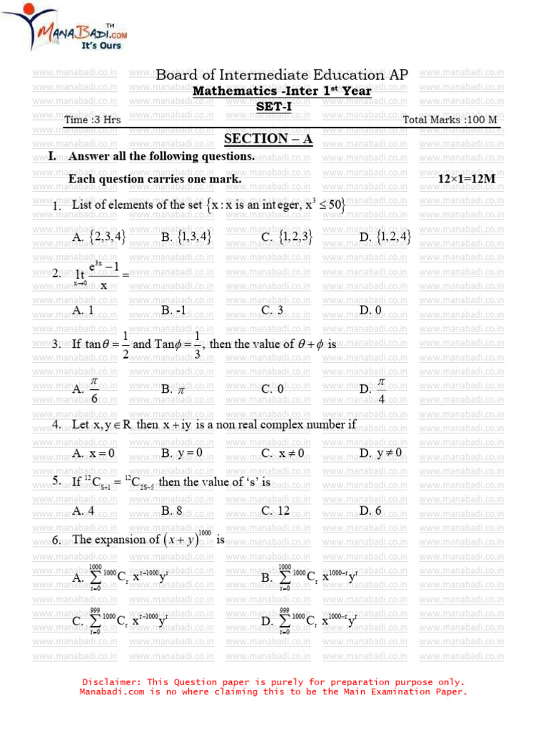 Mathematics 1st Year Set-1 2026 | PDF