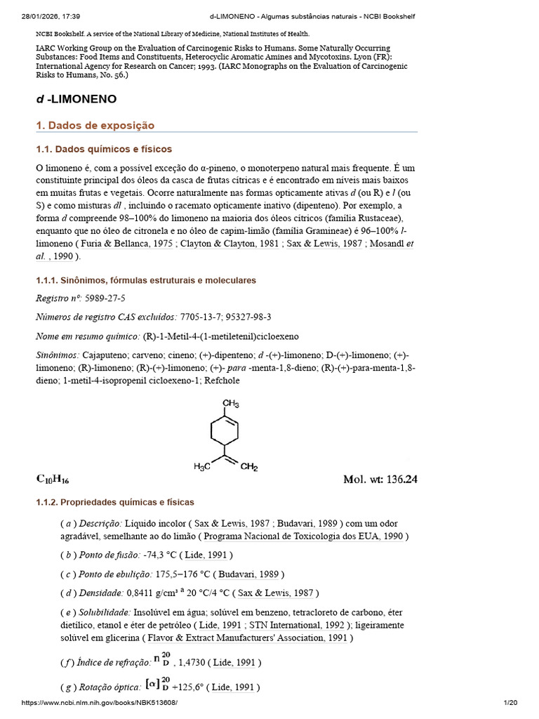 d-LIMONENO - Algumas Substâncias Naturais - NCBI Bookshelf | PDF | Óleo ...