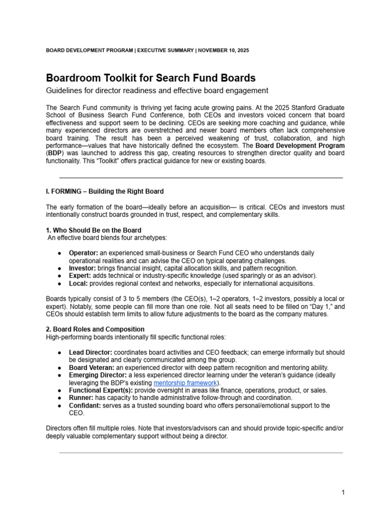 Boardroom Toolkit For Search Fund Boards | PDF | Mentorship | Chief ...
