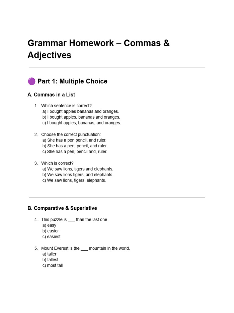Commas & Adjectives Homework | PDF