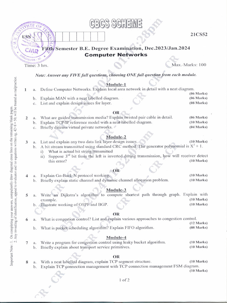 VTU Question Paper of 21CS52 Computer Networks Jan-Fab-2024 (1) | PDF