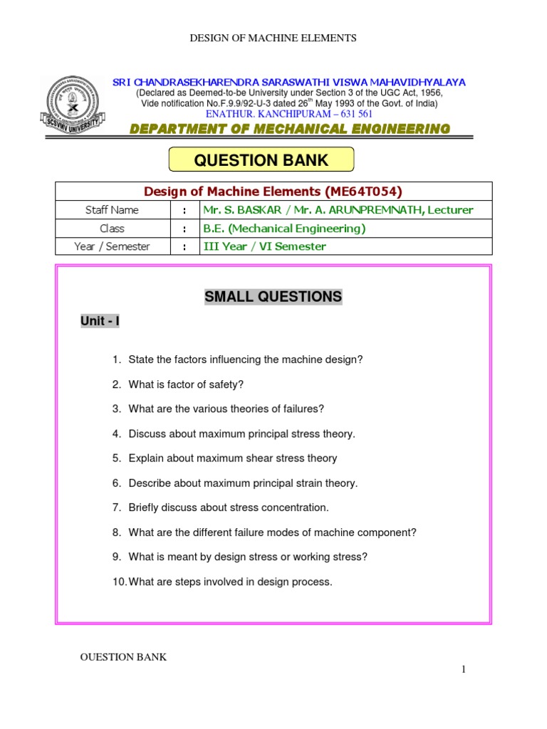 Machine Elements Question Bank | PDF | Stress (Mechanics) | Belt ...