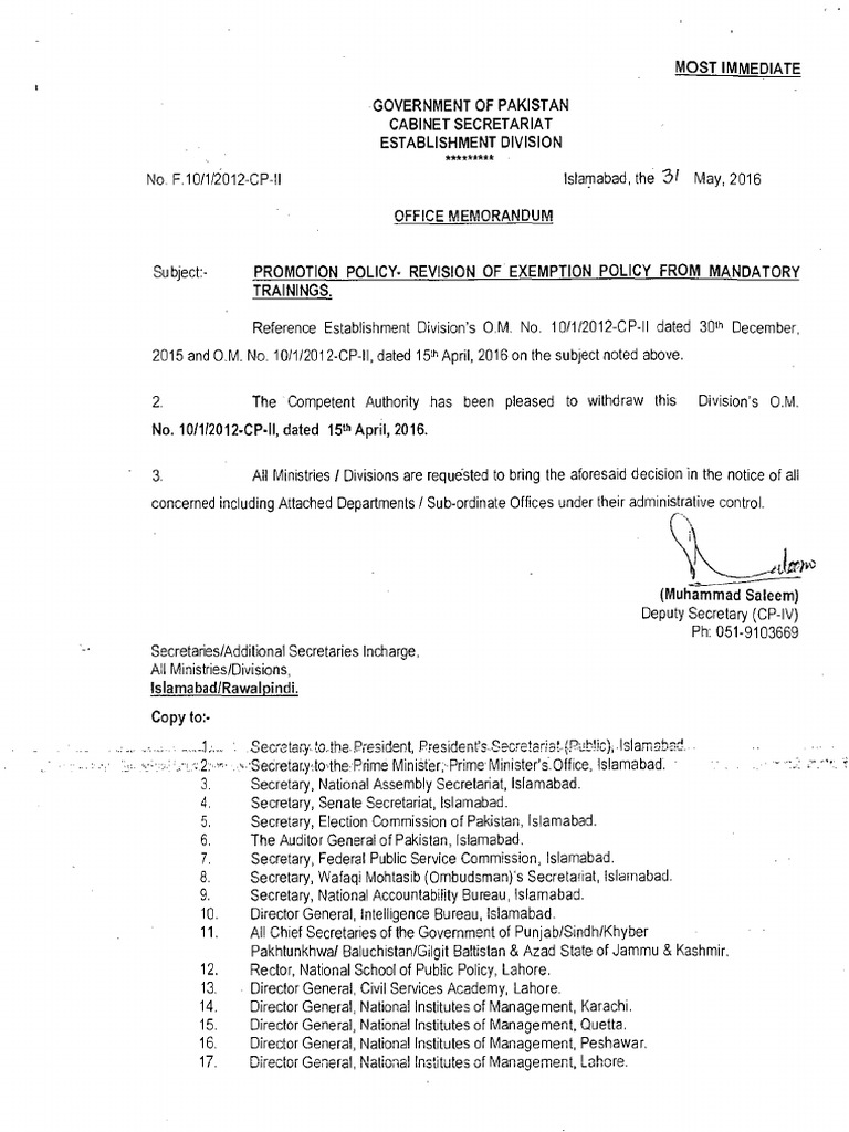 Promotion Policy Grant of Exemption From Training | PDF | Pakistan ...