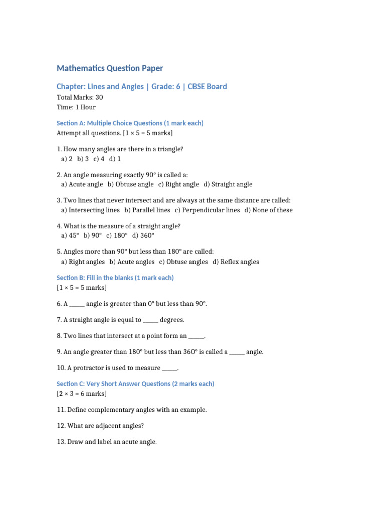 Grade6 CBSE Lines and Angles QuestionPaper | PDF