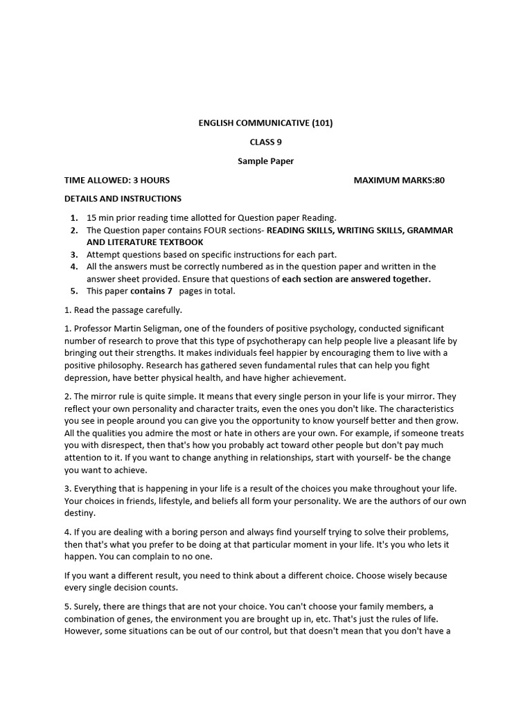 English Communicative Class 9 Annual Paper-1 | PDF | Positive ...