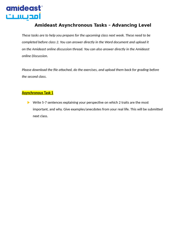 AMIDEAST Asynchronous Tasks UM6SS__Advancing Level_1st Week (2) | PDF