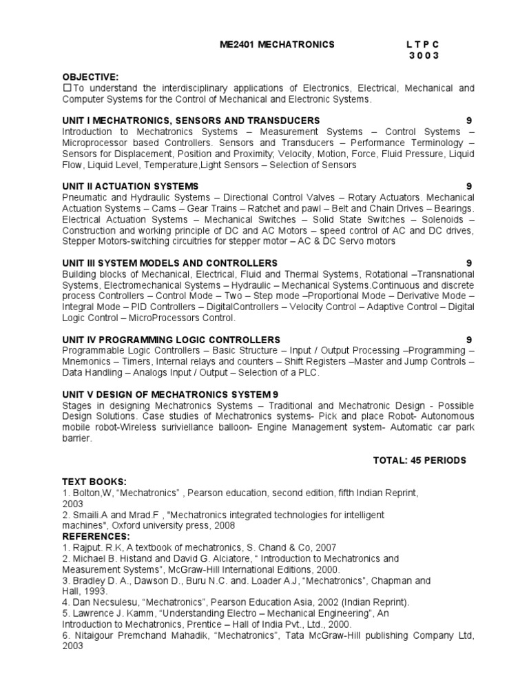 Mechatronics Syllabys | PDF | Actuator | Programmable Logic Controller