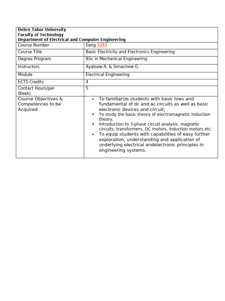Basic Electrcity and Electronics Eng. Syllabus | PDF | Electrical ...