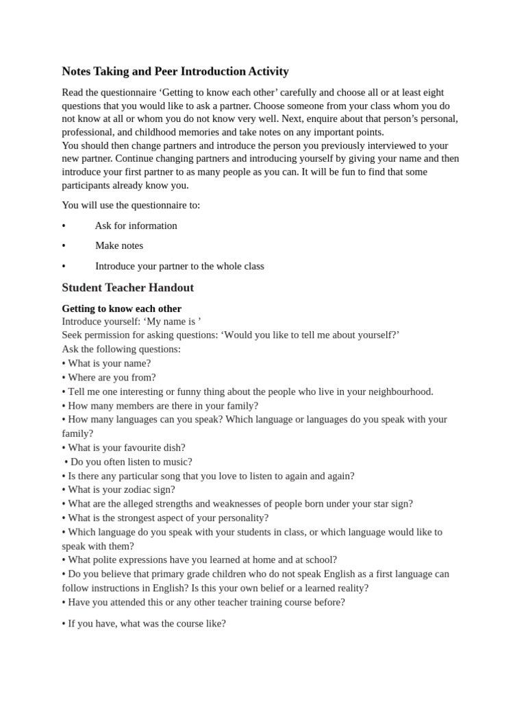 Notes Taking and Peer Introduction Activity | PDF