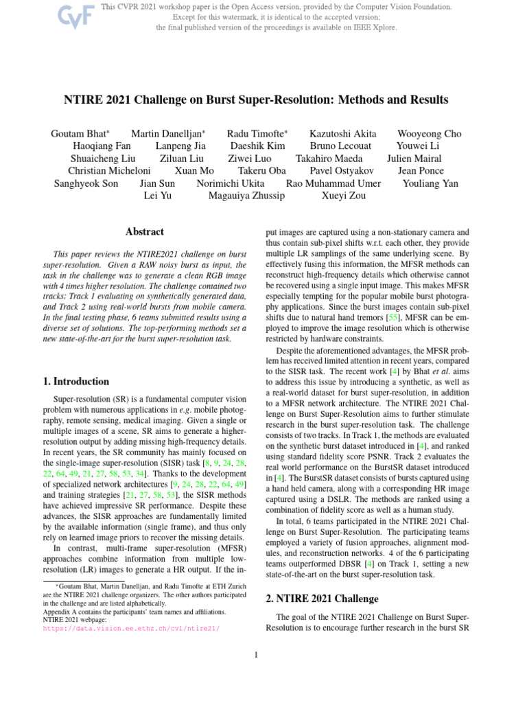 Bhat NTIRE 2021 Challenge on Burst Super-Resolution Methods and Results ...
