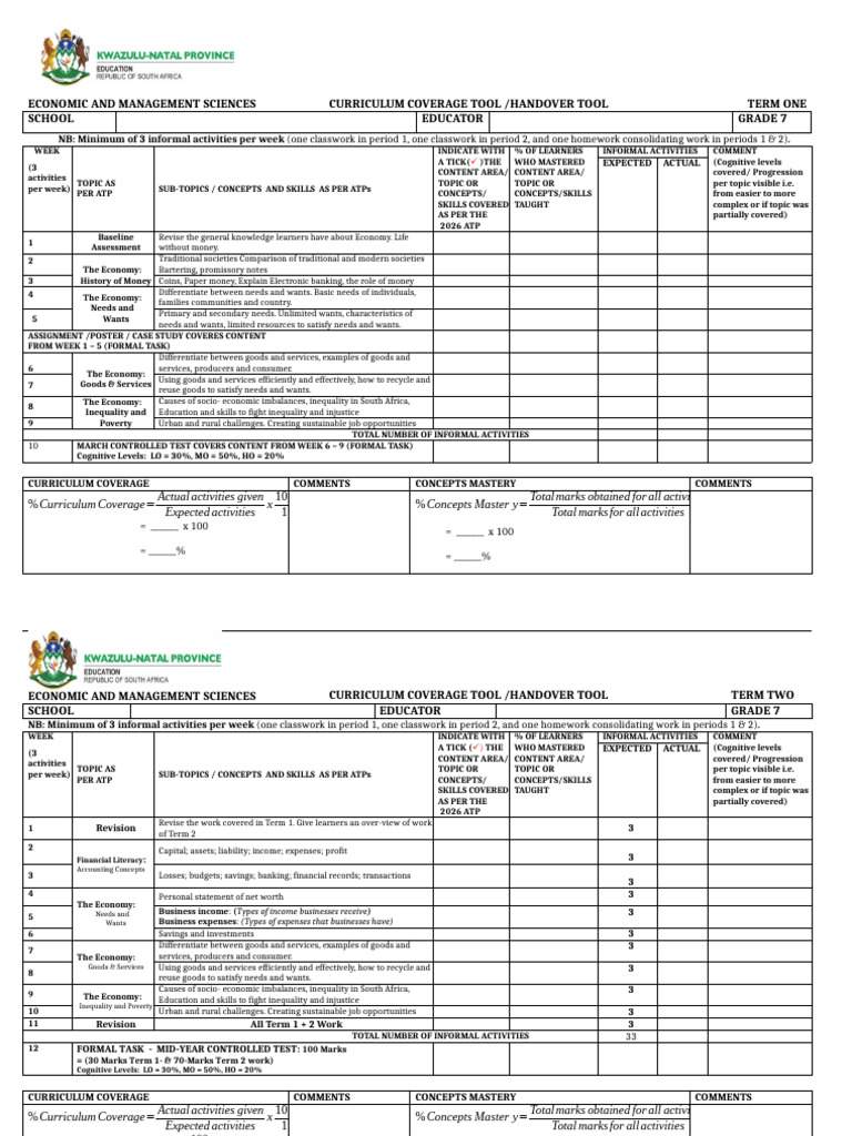 2026 EMS Grade 7 Curriculum Coverage-Handover Tool | PDF | Income ...