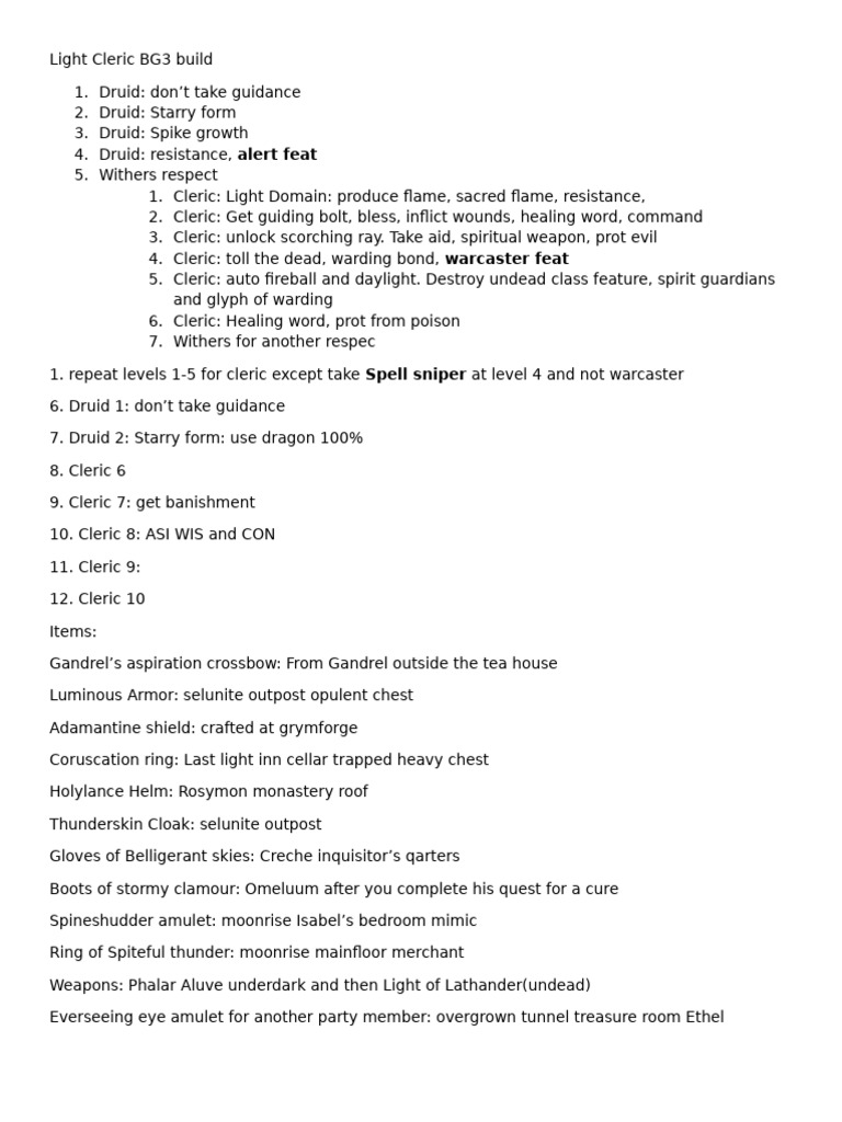 Light Cleric BG3 Build | PDF