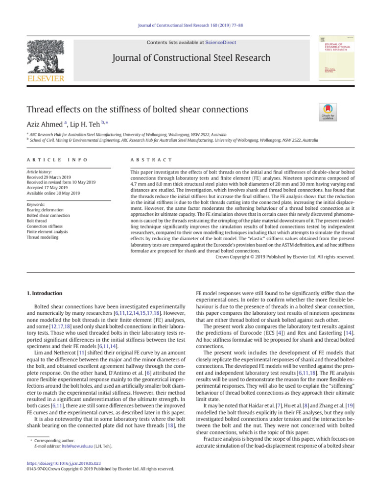 Thread Effects On The Stiffness of Bolted Shear Connections | PDF ...
