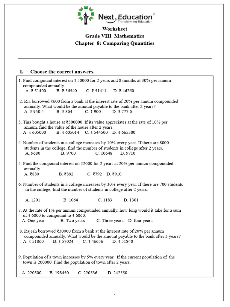 Grade VIII Math Chapter 8 - Comparing Quantities - Worksheet | PDF ...
