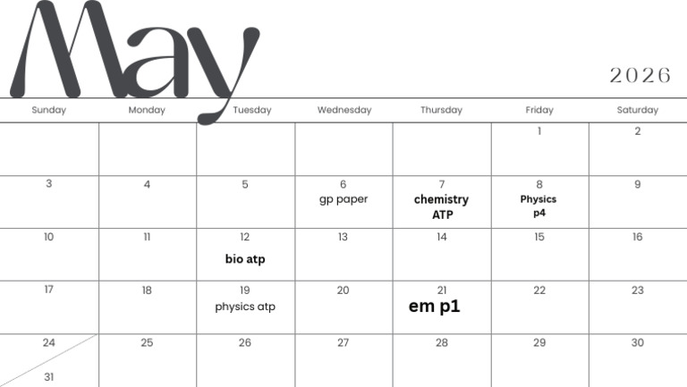 Modern Minimalistic Monthly Planner May 2026 Calendar | PDF