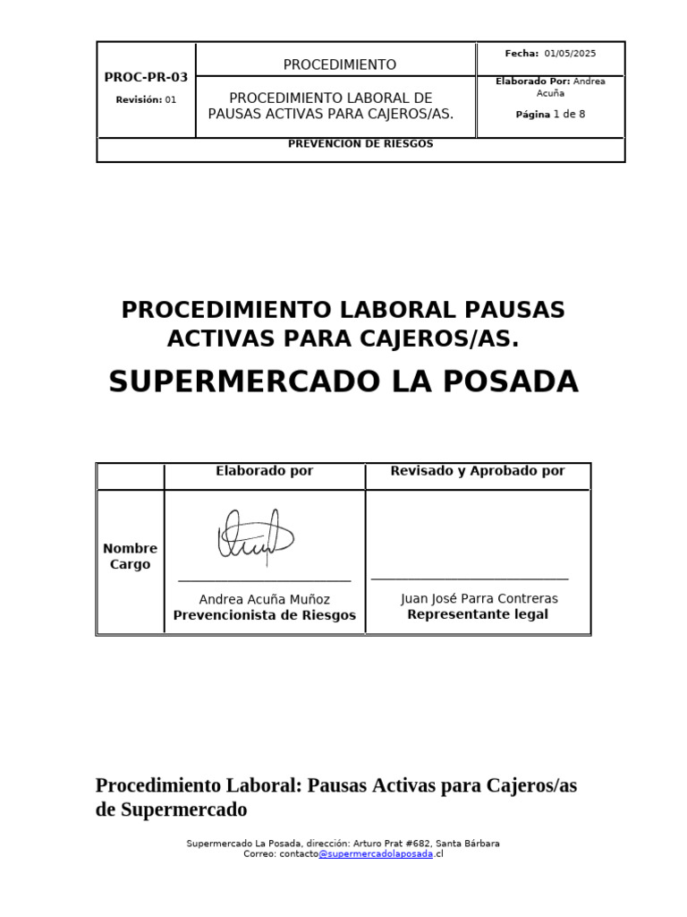 Proc-Pr-03 Procedimiento Laboral Pausas Activas para Cajeros | PDF