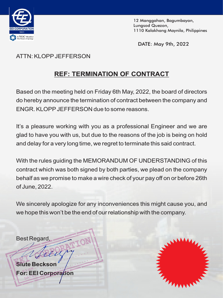 Eei Corporation Reftermination of Contract | PDF
