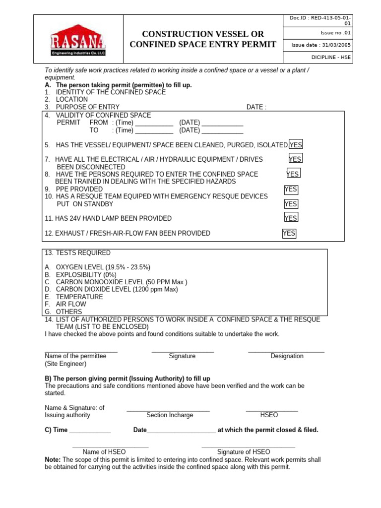 1 Confined Space Permit | PDF
