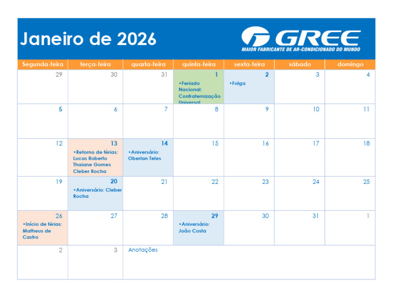 Calendário Janeiro 2026 | PDF