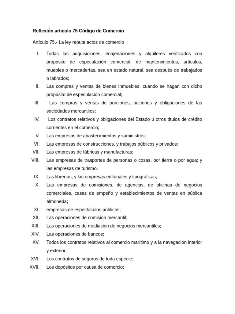 Reflexión Articulo 75 Código de Comercio | PDF | Comercio | Bancos