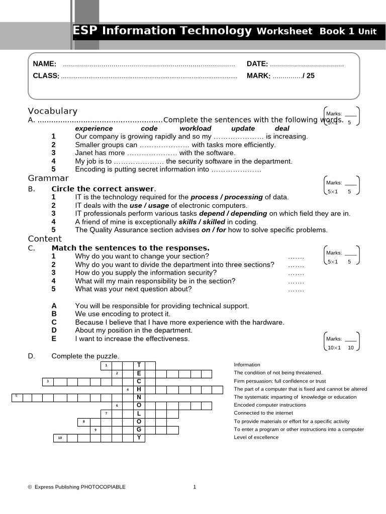 1 Esp It Worksheet Book 1 Unit 1 | PDF | Information | Computing