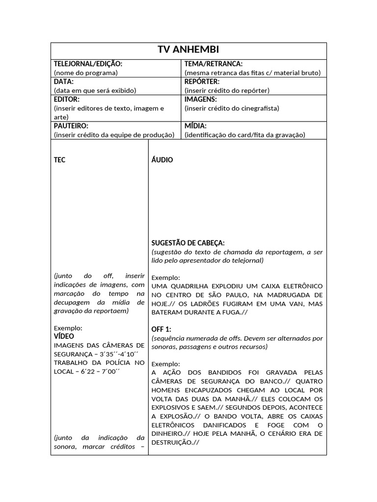 02 - Modelo de Roteiro para Reportagem | PDF | Telejornalismo | Vídeo