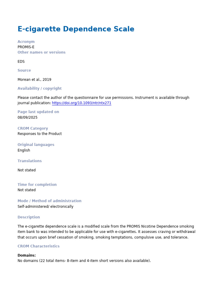 Ecigarette Dependence Scale | PDF | Electronic Cigarette | Psychometrics