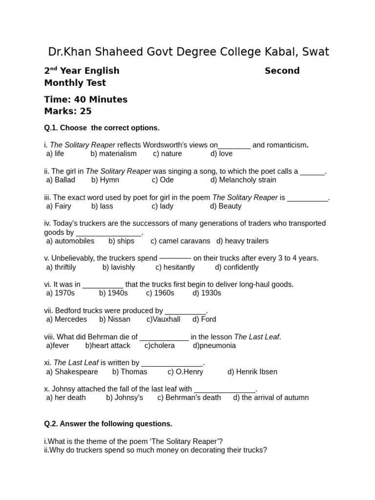2nd Year English Test | PDF