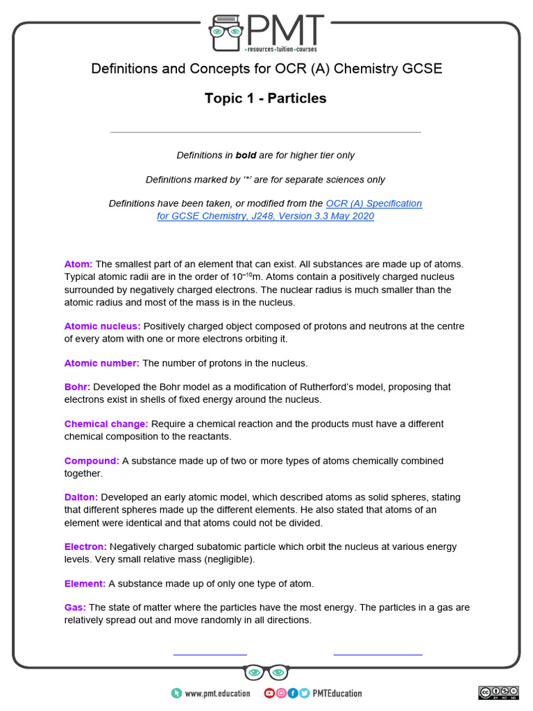 Definitions - Topic 1 Particles - OCR (a) Chemistry GCSE | PDF | Atoms ...