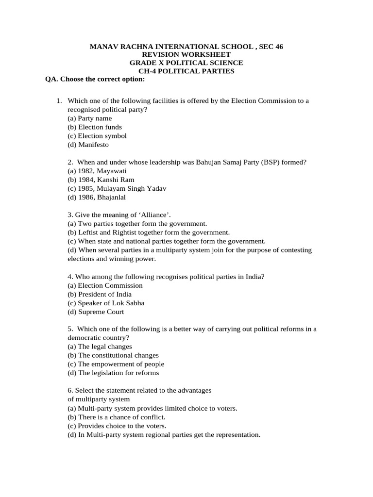 Grade x Political Parties Revision Worksheet Pa 2 | PDF | Politics Of ...