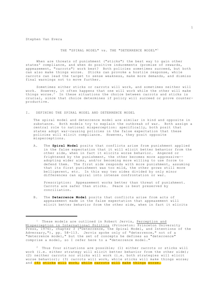 Van Evera - Sprial Model vs. Deterrence Model | PDF | Deterrence Theory ...