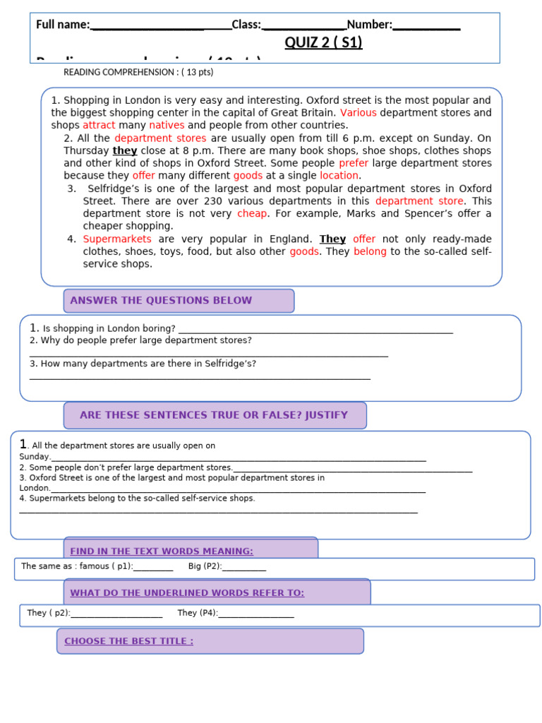 Reading Comprehension TCSF2 Shopping Quiz 2 | PDF | Retailing