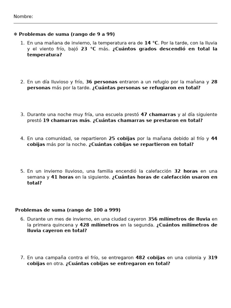 Problemas de Suma, Invierno | PDF
