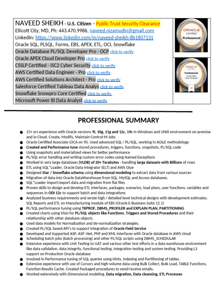 NAVEED_SHEIKH_Resume_Detailed | PDF | Pl/Sql | Databases