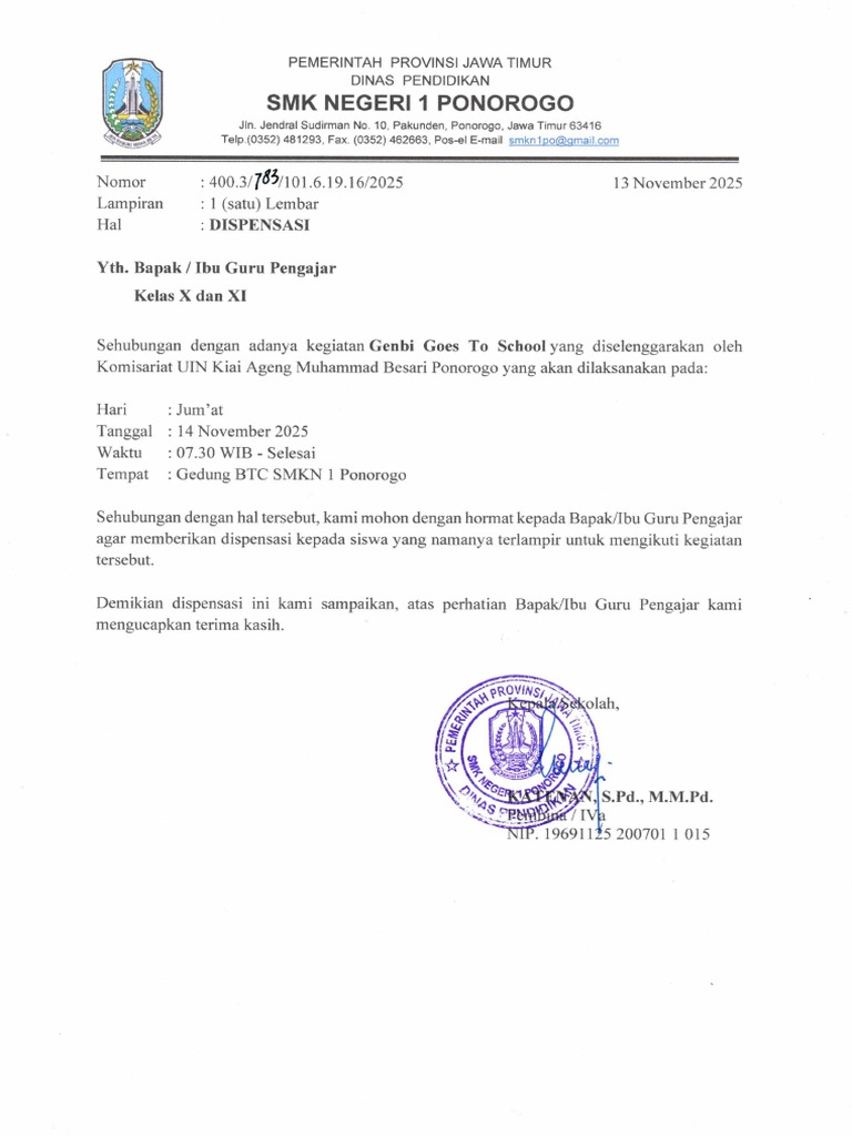 Surat Dispen Kelas, 14 November 2025 | PDF