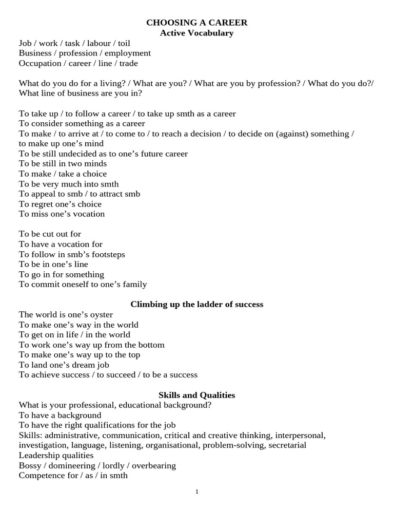 1. Full Active Vocabulary Choosing a Career | PDF | Salary | Economies