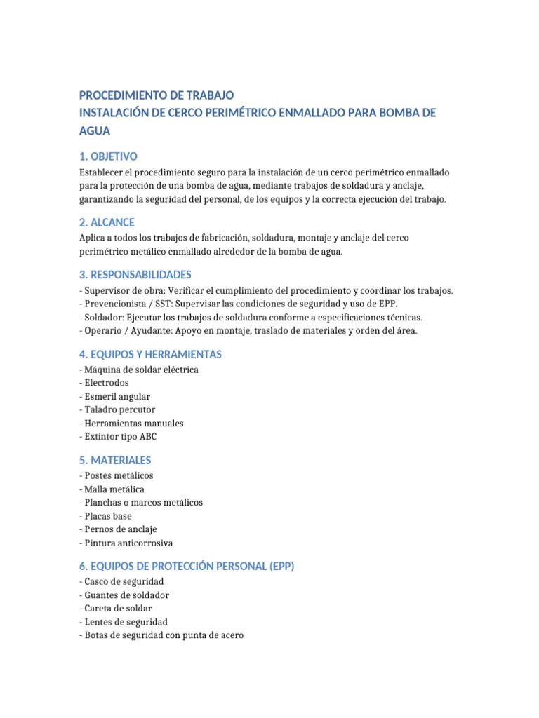 Procedimiento Cerco Perimetrico Enmallado Bomba Agua | PDF | Soldadura ...