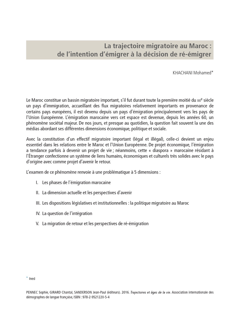 La Trajectoire Migratoire Au Maroc de L'intention D'émigrer À La ...