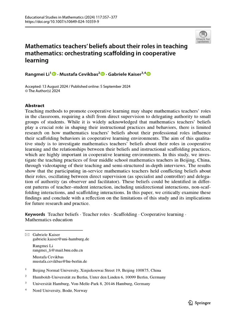 Mathematics Teachers' Beliefs About Their Roles in Teaching Mathematics ...