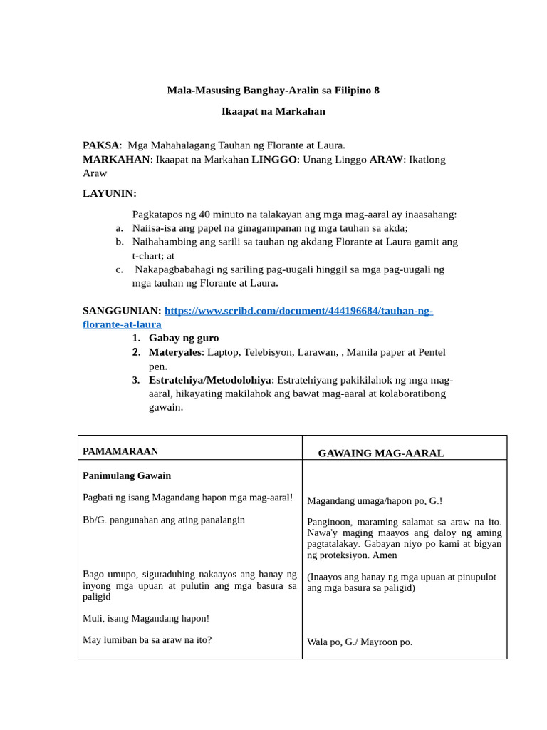 Mga Tauhan NG Florante at Laura - Lesson Plan (Day3) | PDF
