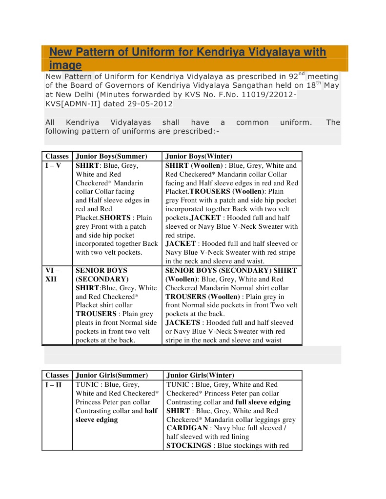 New Pattern of Uniform For Kendriya Vidyalaya With Image | PDF | Shirt ...