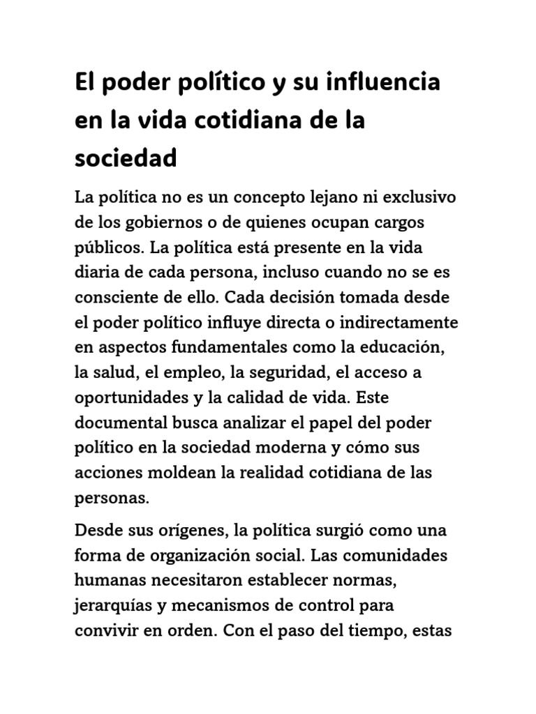 El Poder Político y Su Influencia en La Vida Cotidiana de La Sociedad ...