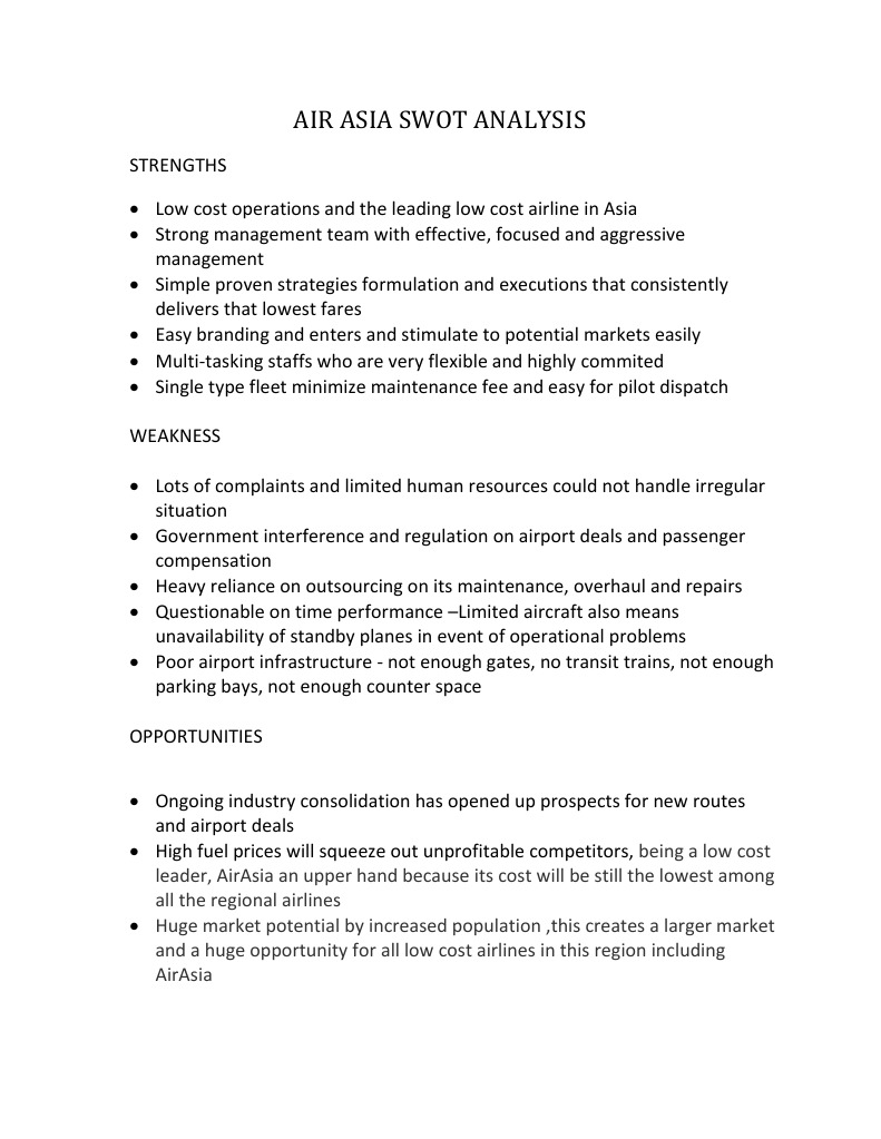 Air Asia Swot Analysis | PDF | Airlines | Low Cost Carrier