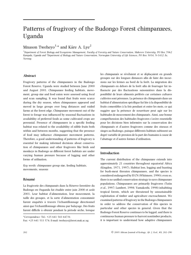 Patterns of Frugivory of the Budongo Forest Chimpanzees | PDF | Forests ...