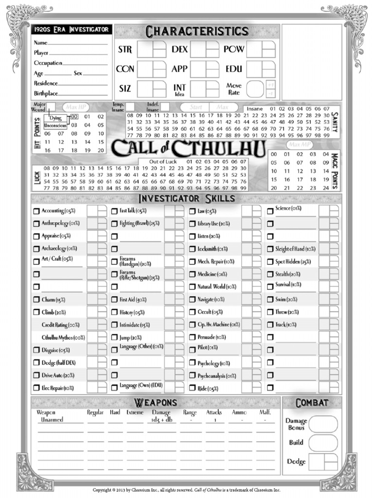 Character Sheet - Base Version - Call of Cthulhu 7th Ed | PDF