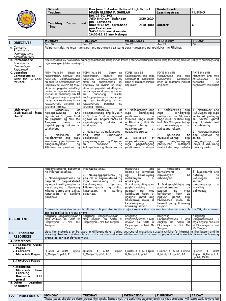 Q4 DLL Fil.9 1st Week | PDF