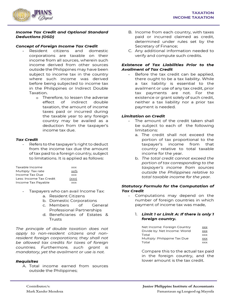 Income Tax Credit and Optional Standard Deductions (OSD) | PDF | Taxes ...